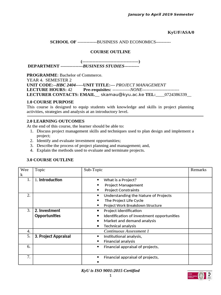 HBC 2404 Project Management Course Outline | PDF | Project Management