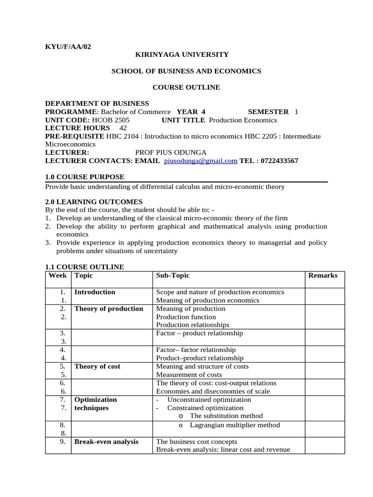 Kyu Sbe Production Economics Course Outline Sept 2024-25 | PDF ...
