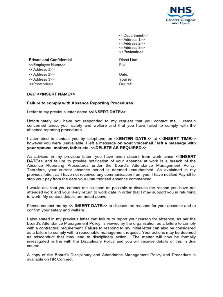 Template 2 Failure To Comply With Absence Reporting Procedures Awol 2 ...
