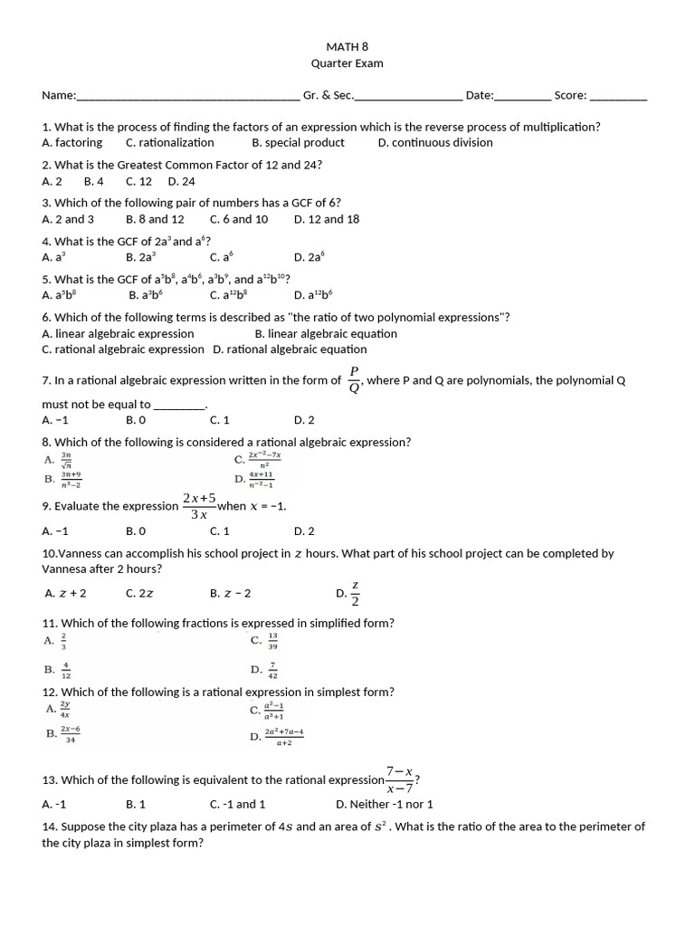 MATH 8 Q1Exam | PDF | Cartesian Coordinate System | Factorization