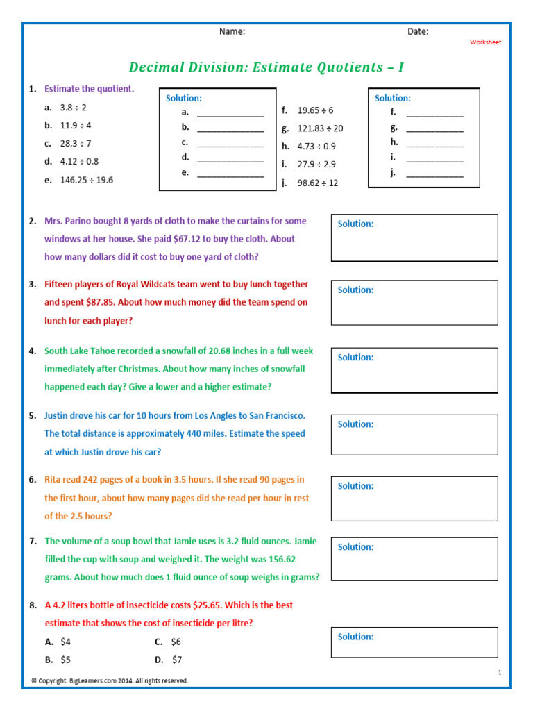 Decimal Division Estimate Quotients - I | PDF | Units Of Measurement