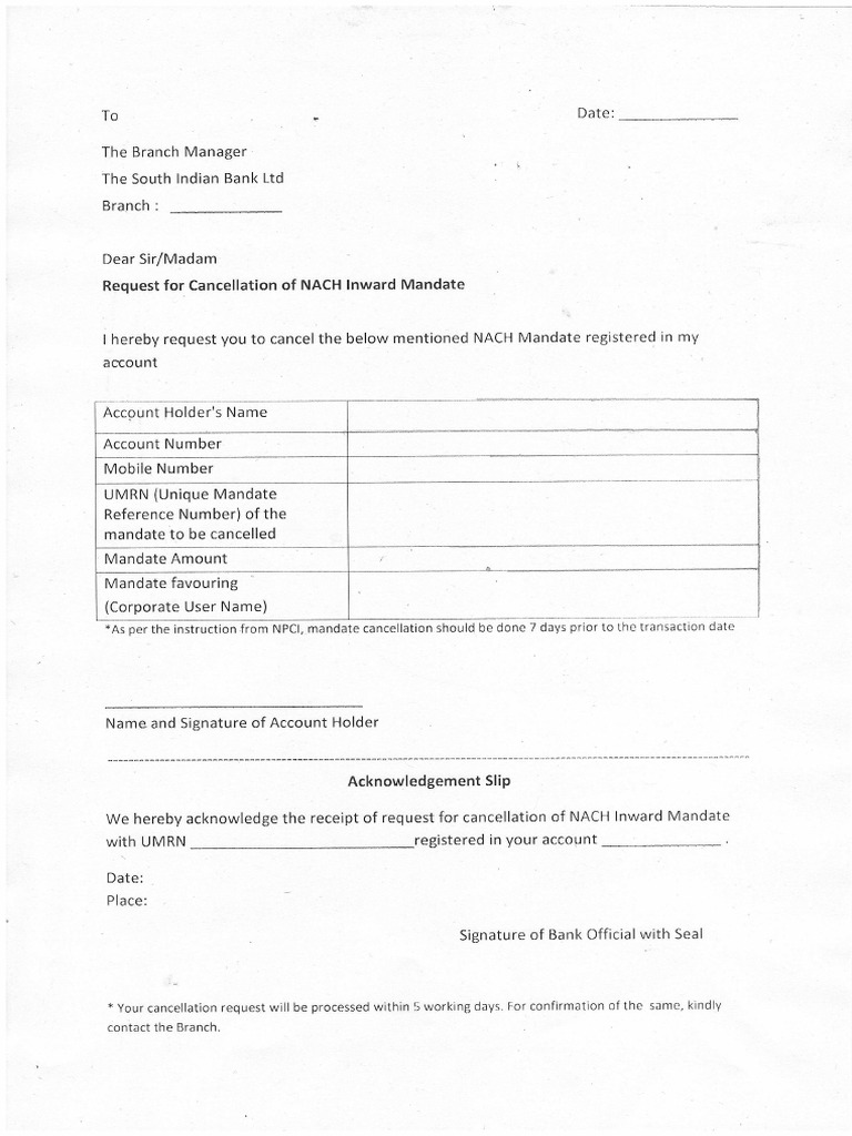 NACH Mandate Cancellation Request Form | PDF | Finance & Money ...