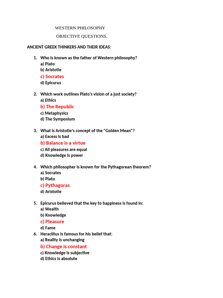 Ancient Greek Philosophy Quiz Questions | PDF | Plato | Socrates