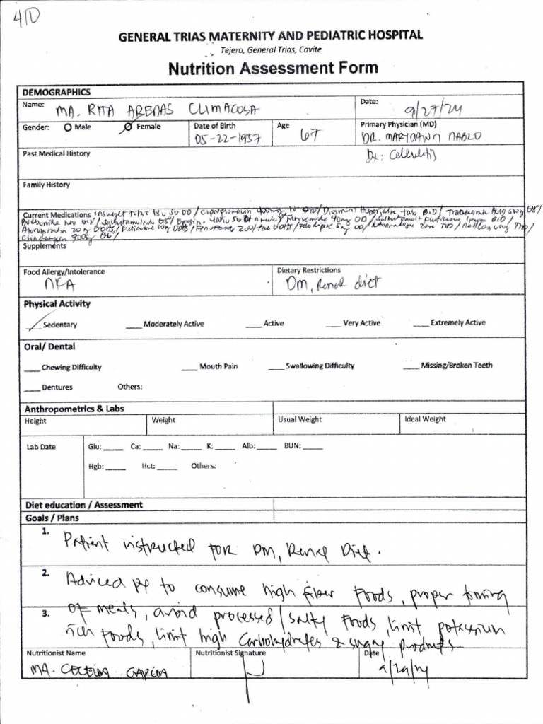 X Nutrition Assessment Form-1 | PDF | Medical Specialties | Health Care