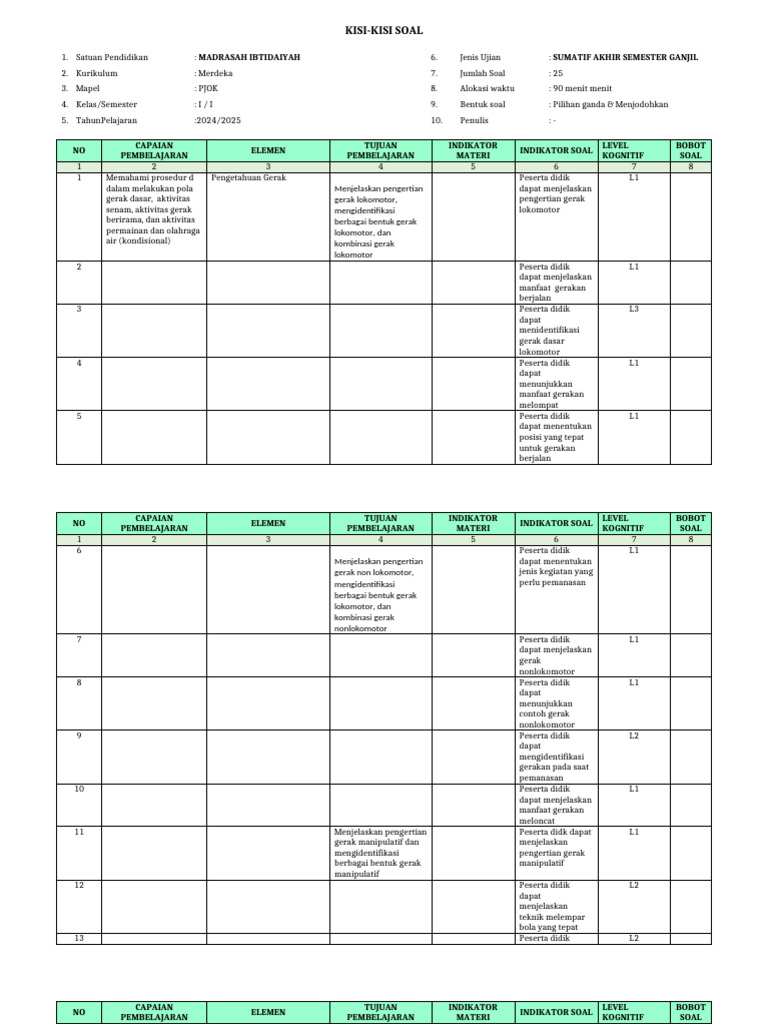 Kisi-Kisi SAS Ganjil 2024_Kelas 1_PJOK | PDF