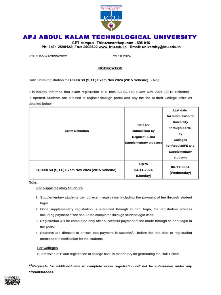 B.Tech S3 Exam Registration Nov 2024 | PDF