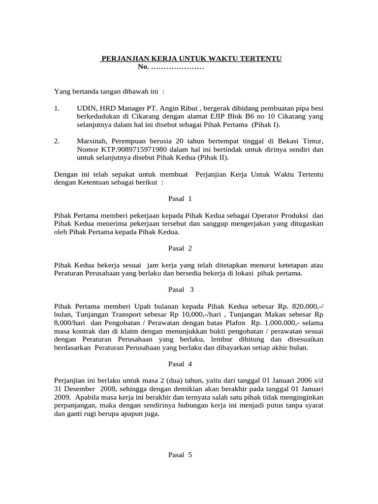 Contoh PKWT (Versi 2) | PDF | Hukum