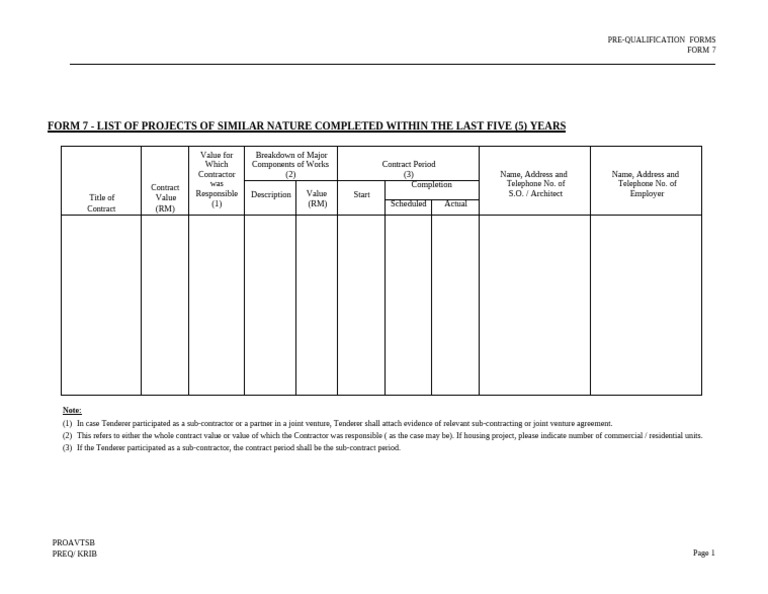 Pre-Qualification Form 7: Project List | PDF
