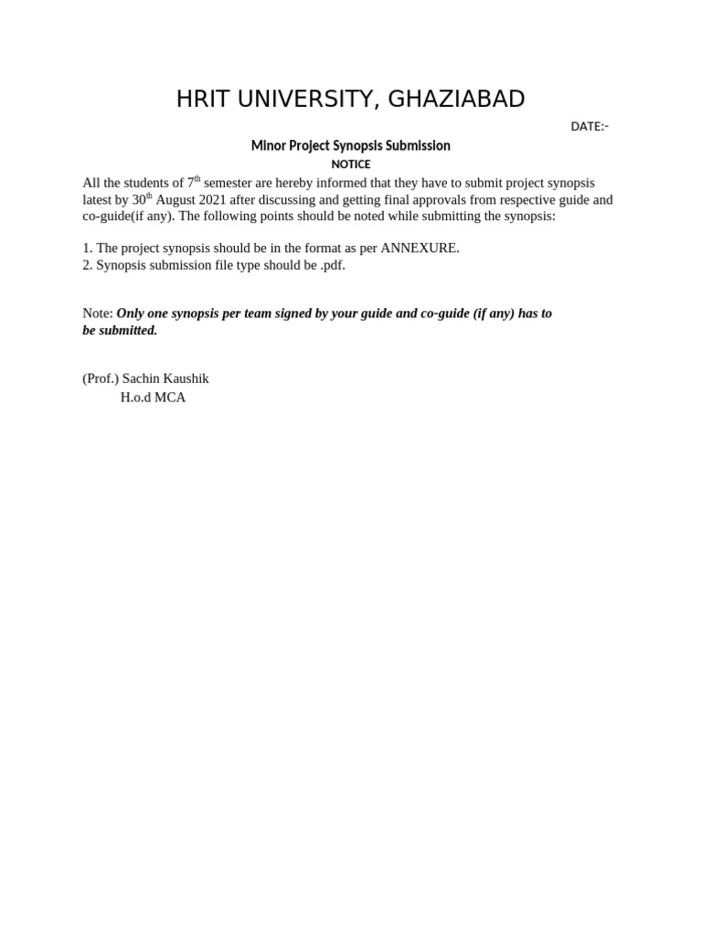 7th Sem Project Synopsis Submission Notice | PDF | Technology & Engineering