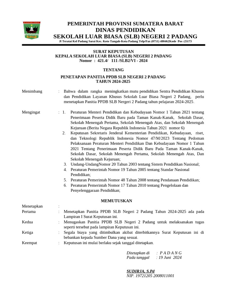 Penetapan Panitia PPDB SLB 2 Padang | PDF