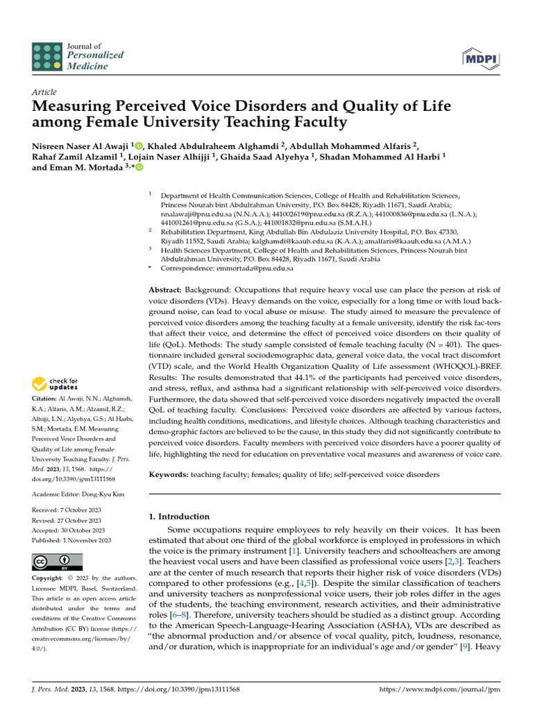 Measuring Perceived Voice Disorders and Quality of Life Among Female University Teaching Faculty ...