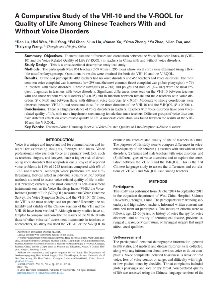 A Comparative Study of The VHI-10 and The V-RQOL For Quality of Life ...