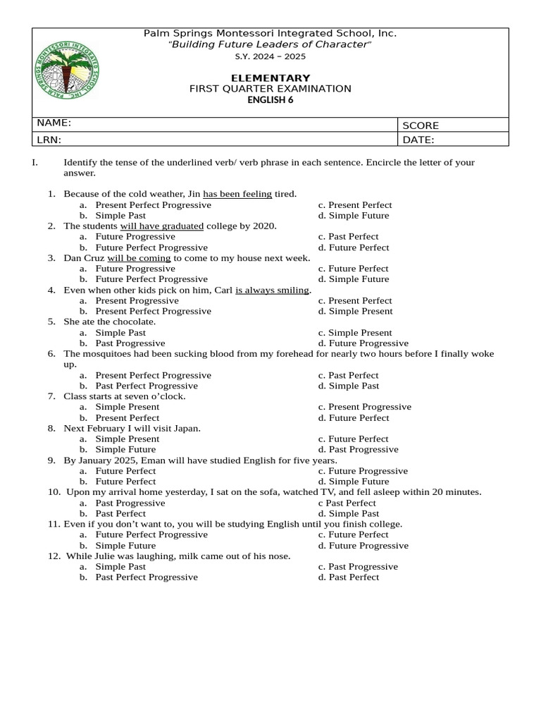 English6_MidExam | PDF | Perfect (Grammar) | Linguistics