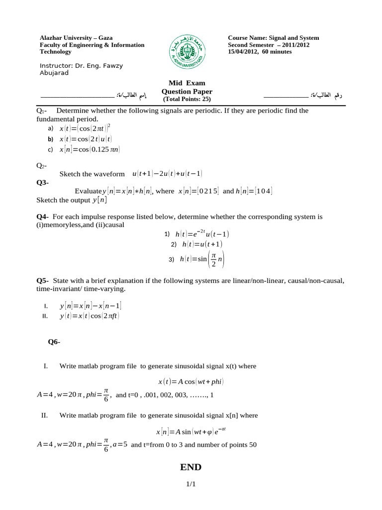 Signal and System Midterm 2011-2012 | PDF | Applied Mathematics | Signal Processing