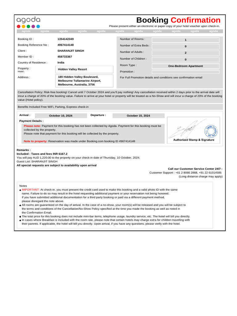 Confirmation For Booking MELBOURNE | PDF | Service Industries | Payments