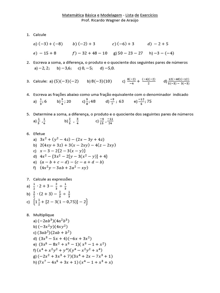 Lista Exerccios Lgebra Bsica | PDF | Matemática | Aritmética