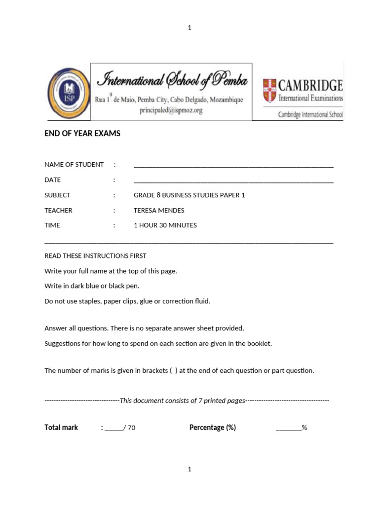 ISP End of Year Exams Grade 11 Bussiness Paper 1 | PDF | Expense