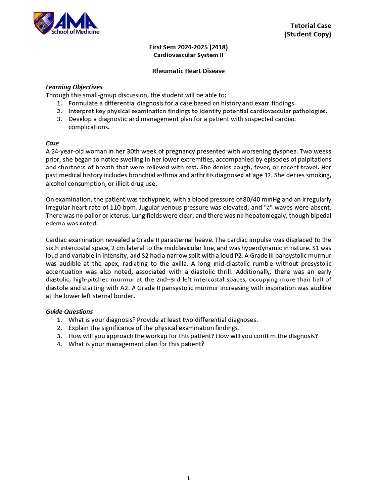 CVS II Week 4 Tutorial - Rheumatic Heart Disease - F - 241031 - 063744 | PDF | Heart | Blood ...