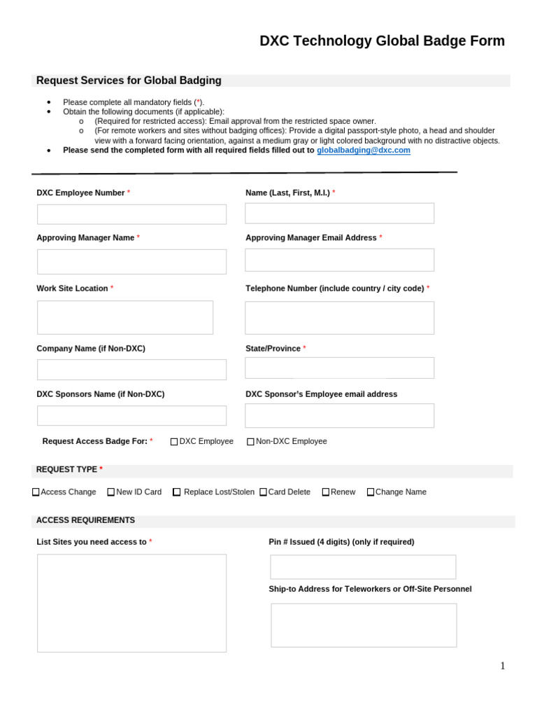 DXC Global Badge Request Form. | PDF | Authentication | Applications Of ...