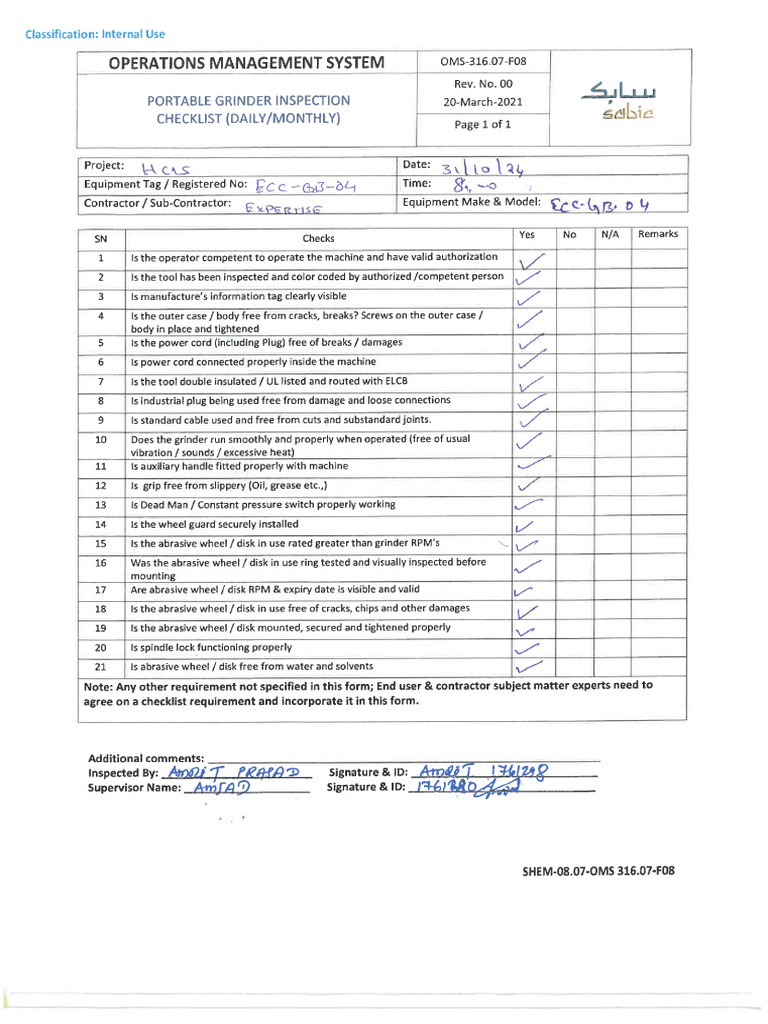 Portable Grinder Checklist | PDF