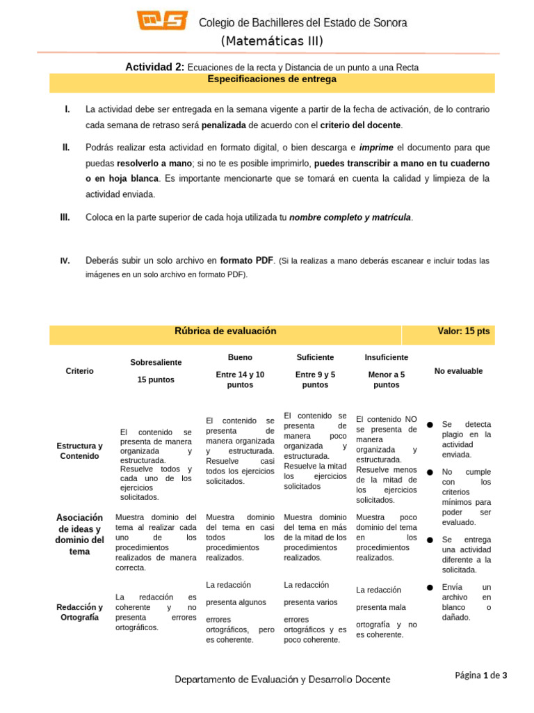 S1-MAT3-ACT2-Ecuaciones de La Recta y Distancia de Un Punto A Una Recta | PDF | Pendiente