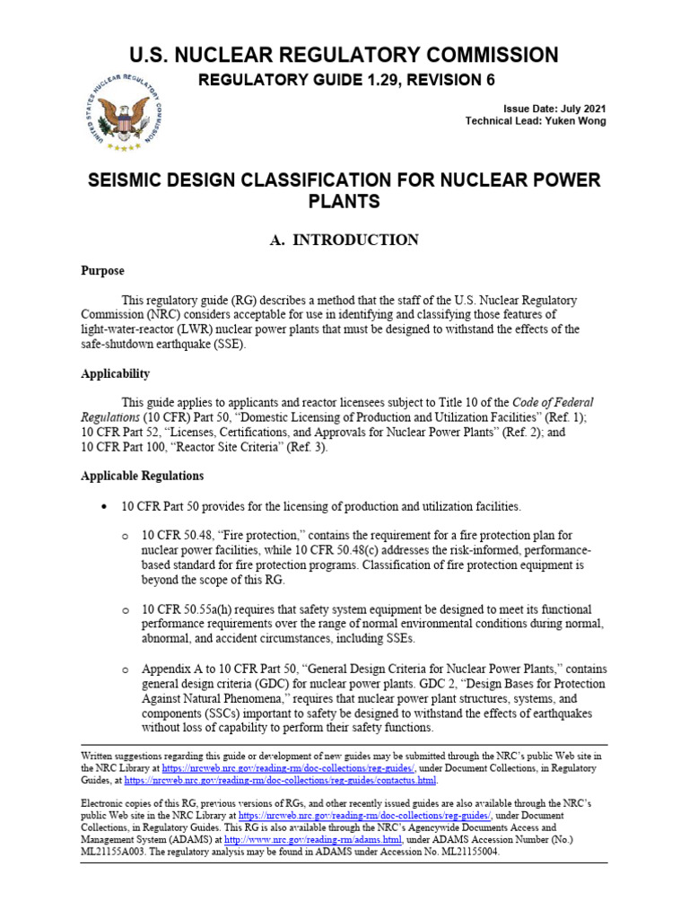 Regulatory Guides 1.29-R6,2021 - Seismic Design Classification For ...