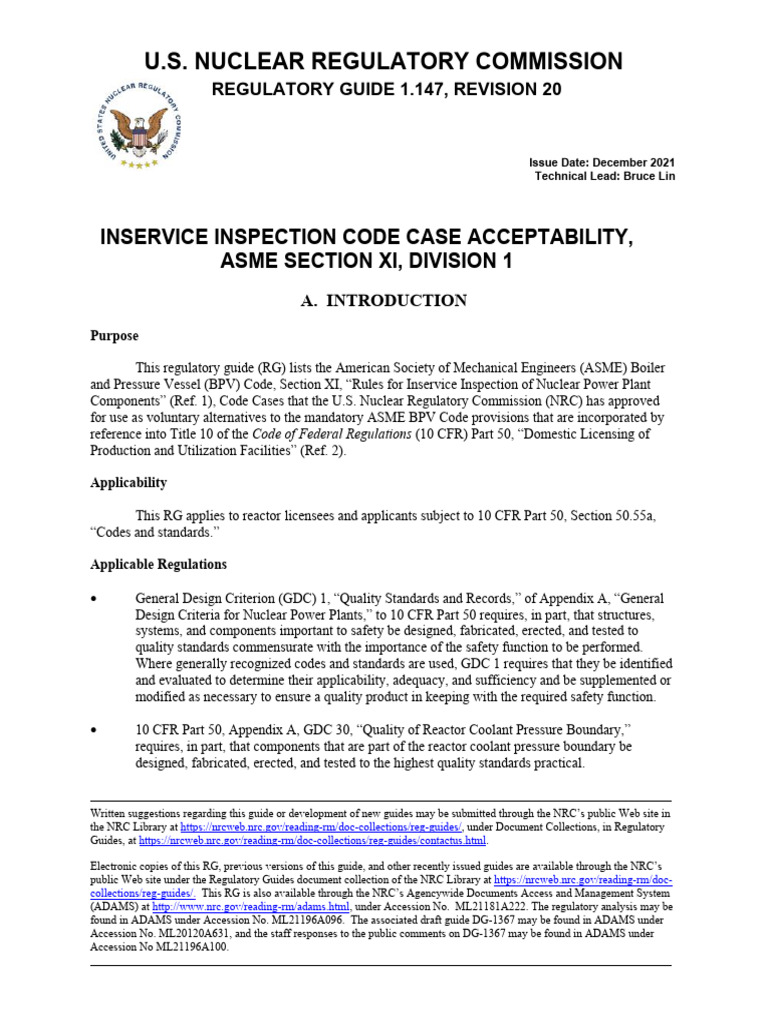 Regulatory Guides 1.147-R20,2021 - Inservice Inspection Code Case ...