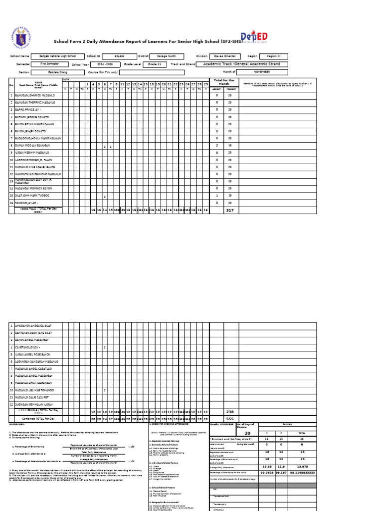 SF2 Attendance Report for November 2024 | PDF | Childhood | Family
