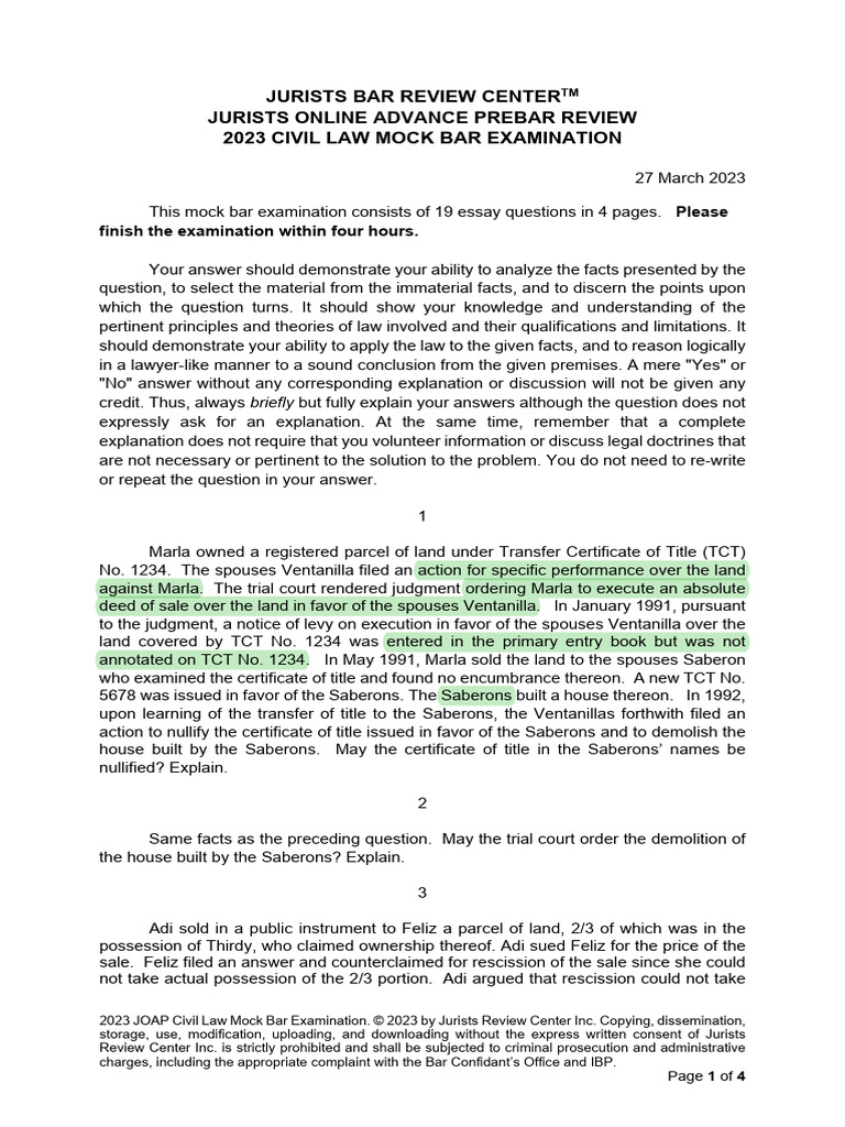 2023 Civil Law Mock Bar Exam Questions | PDF | Will And Testament ...