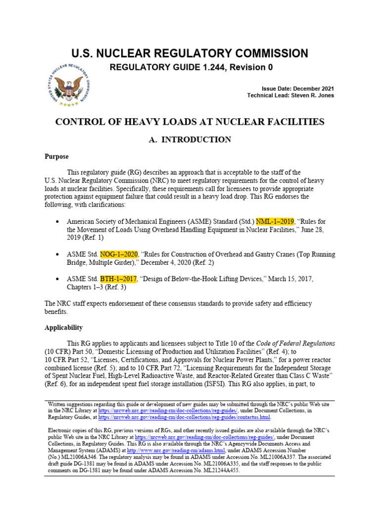 Regulatory Guides 1.244-Control of Heavy Loads at Nuclear Facilities ...