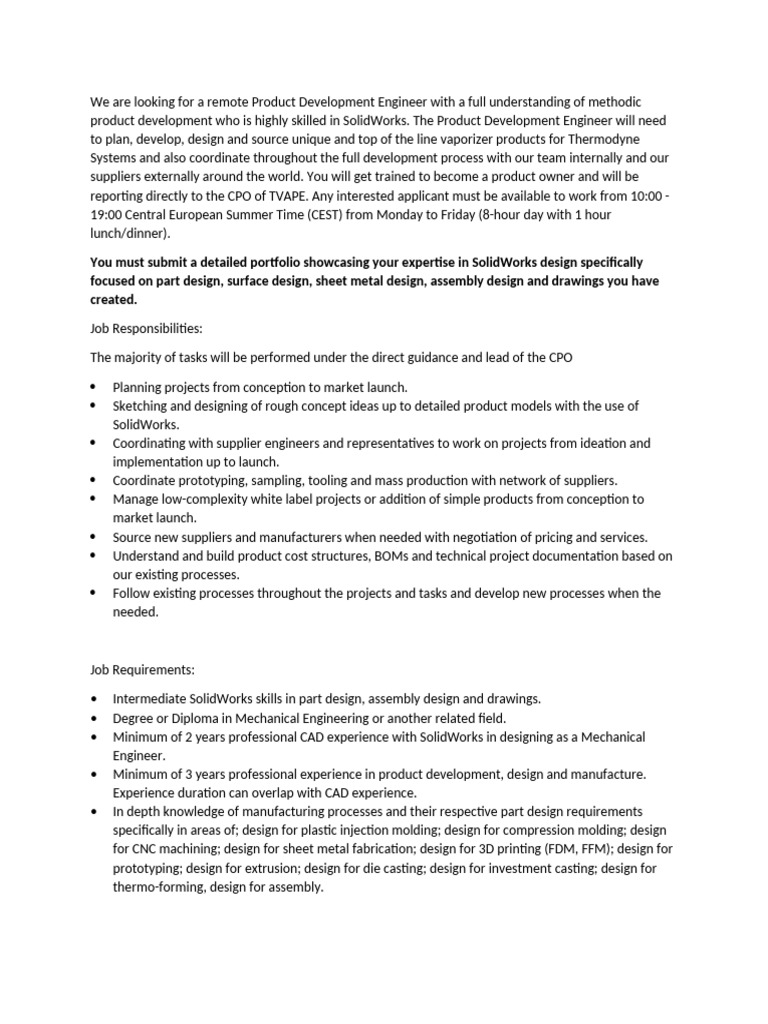 Remote Product Development Engineer Role | PDF | 3 D Printing | Engineering