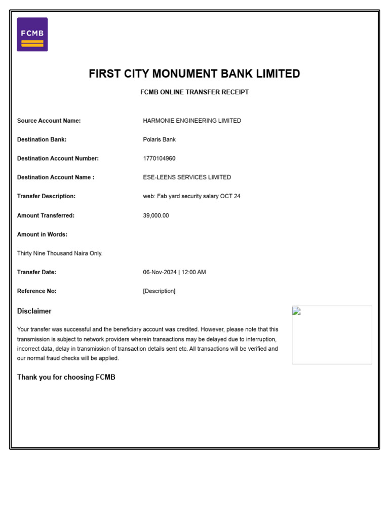 FCMB Payment Receipt 39k | PDF