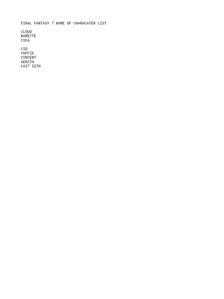 Ff7 Name of Characters | PDF
