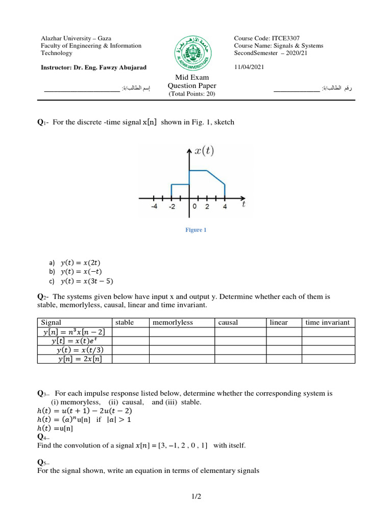 Signals & Systems Mid Exam Paper | PDF