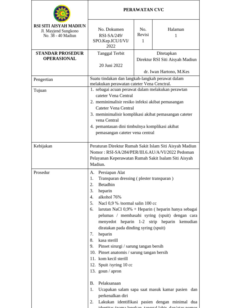 Prosedur Perawatan CVC di RSI Siti Aisyah | PDF