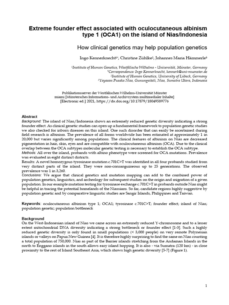 Extreme Founder Effect Associated With Oculocutaneous Albinism Type 1 ...
