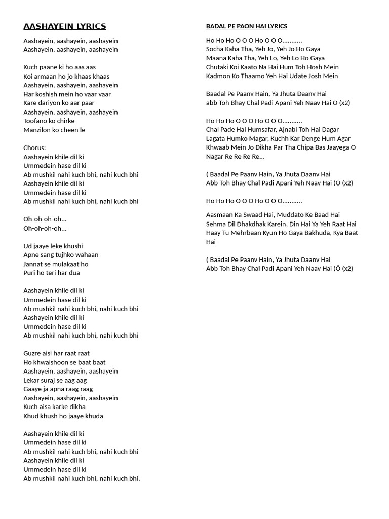 Aashayein Lyrics | PDF