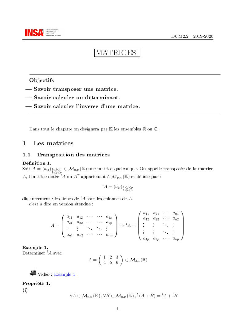 Matrices : Transposition, Déterminant, Inverse | PDF | Matrice ...
