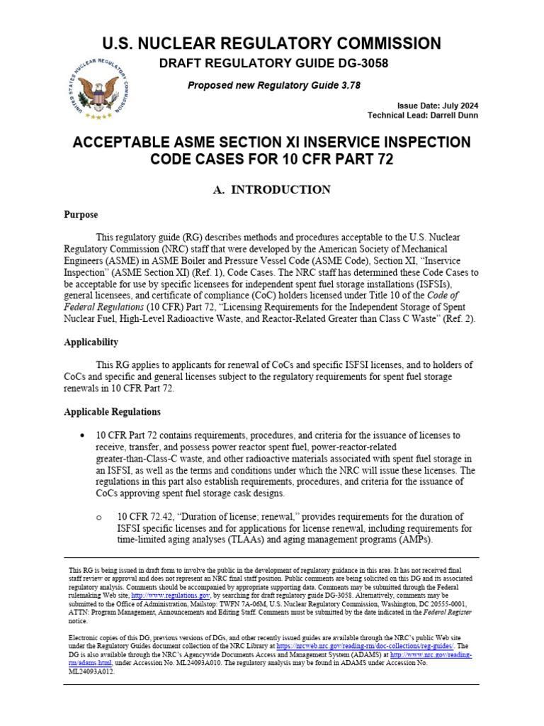 Regulatory Guides 3.78-R0,2024 - Acceptable ASME Section XI Inservice ...