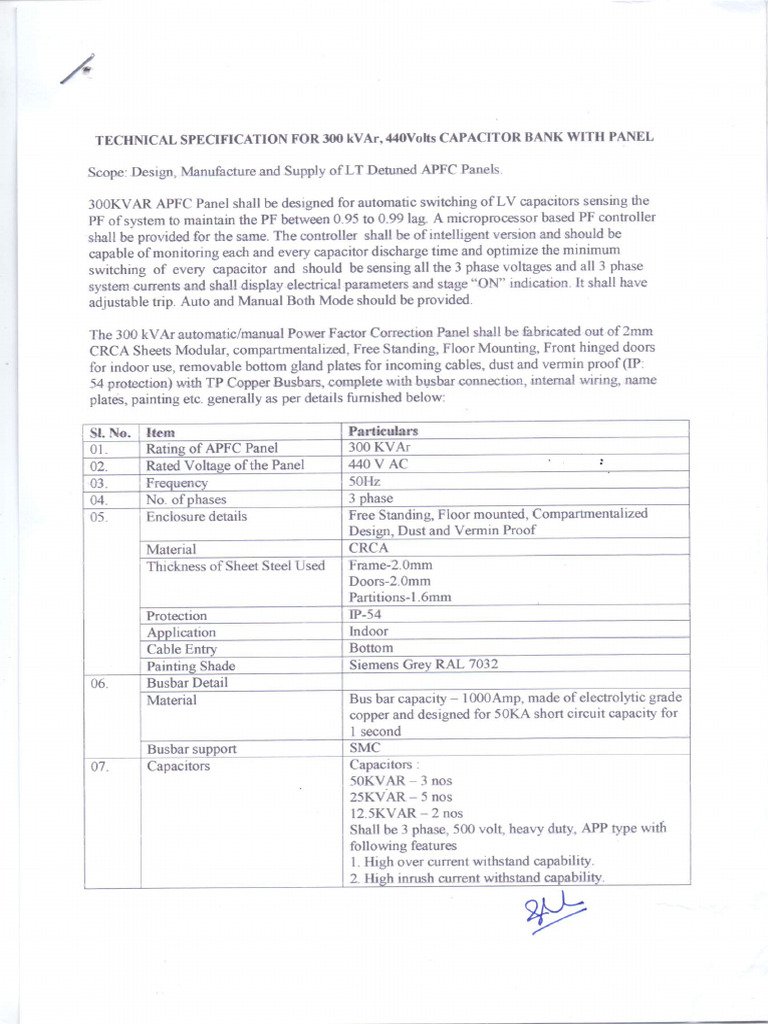 TECHNICAL SPECIFICATION FOR 300kvar | PDF