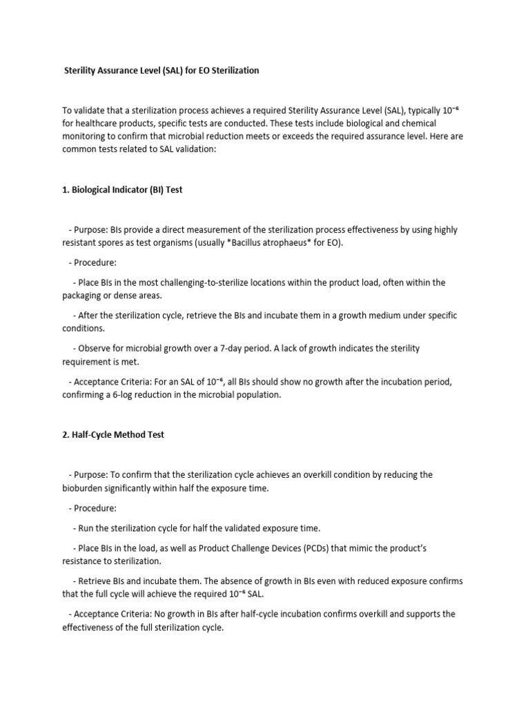 Sterility Assurance Level (SAL) For EO Sterilization | PDF ...