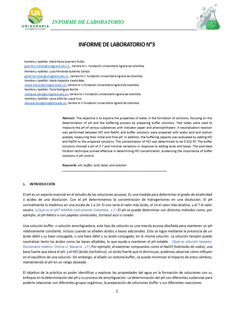 Informe de Laboratorio 3 | PDF | Solución tampón | Ácido clorhídrico