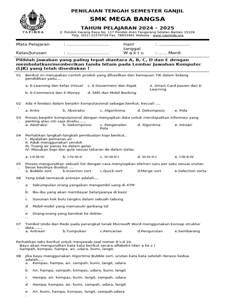 Format Soal PTS Ganjil 2024 | PDF
