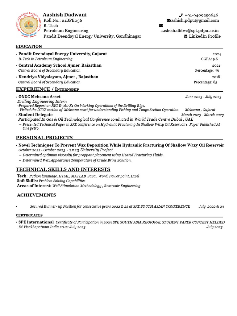 Aashish Dadwani: Petroleum Engineer Profile | PDF | Oil Well ...