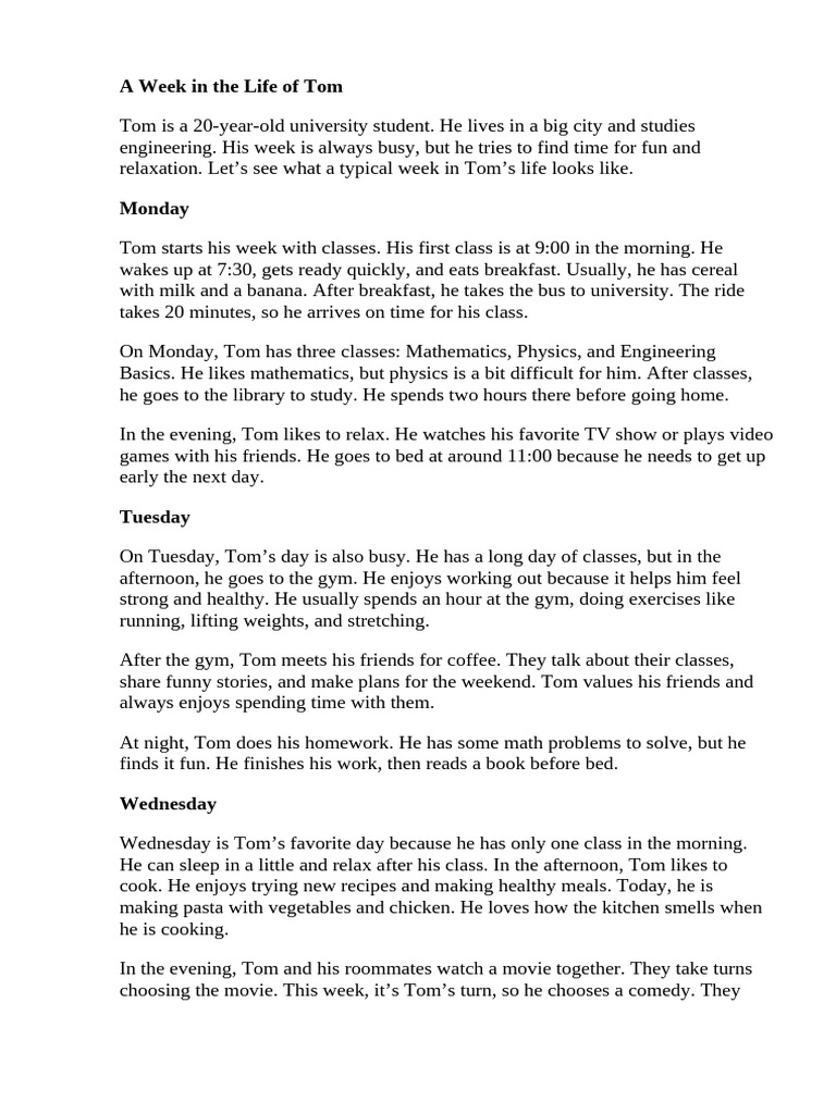 A Week in The Life of Tom | PDF | Lunch