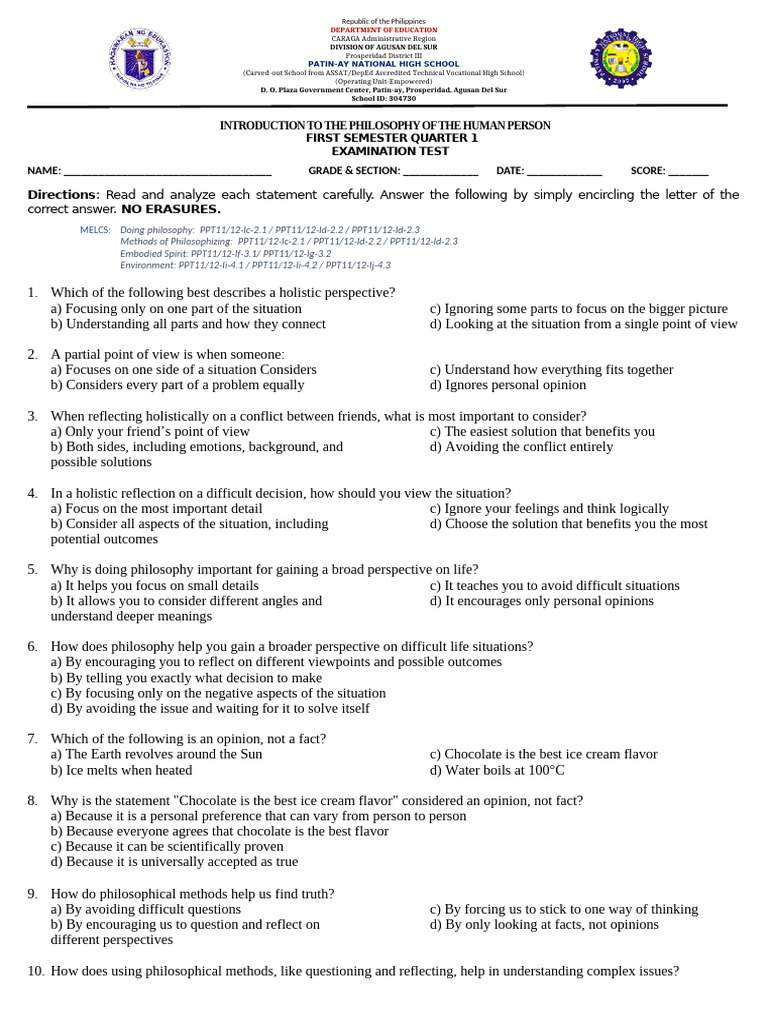 Q1 EXAM PHILO 2024-2025 New1 | PDF | Truth | Philosophical Methodology