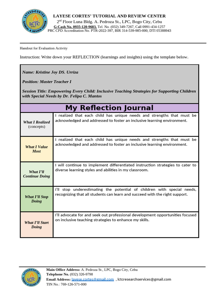 LCTC REFLECTION Journal Final | PDF | Inclusion (Education) | Learning