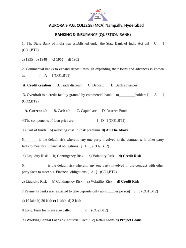 Banking & Insurance Question Bank | PDF | Banks | Finance & Money ...