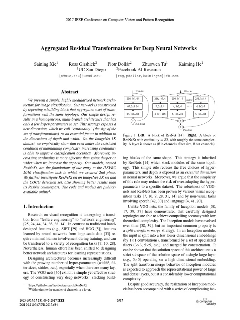 Aggregated Residual Transformations For Deep Neural Networks | PDF | Artificial Neural Network ...