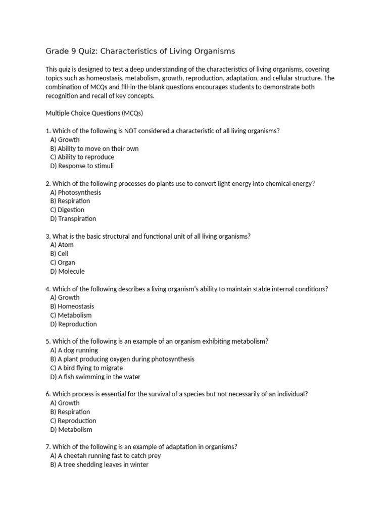 Grade 9 Quiz | PDF | Photosynthesis | Organisms